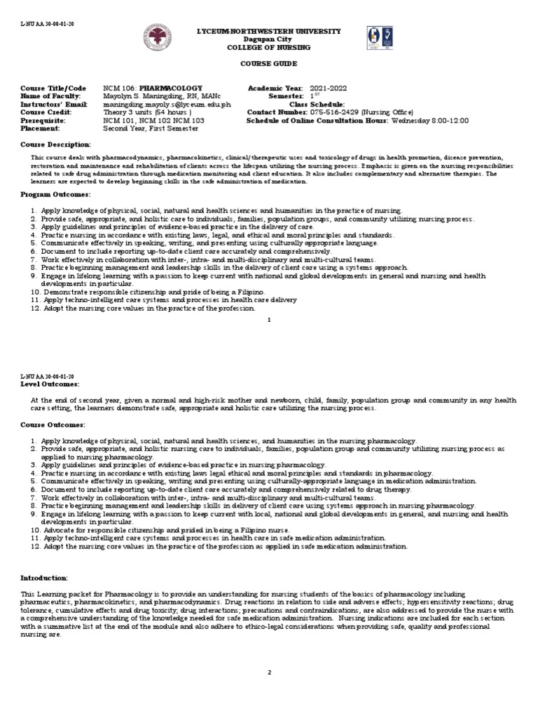 Course Guide PHARMA | PDF | Pharmacology | Nursing