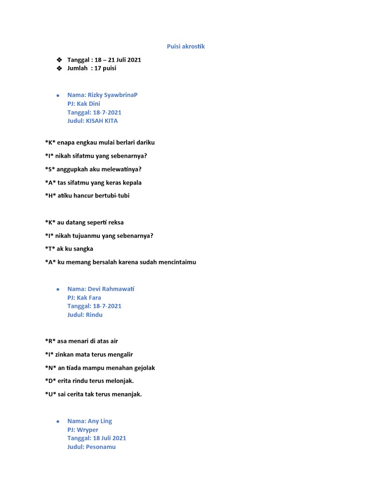 Contoh Puisi Akrostik Nama A-Z | PDF