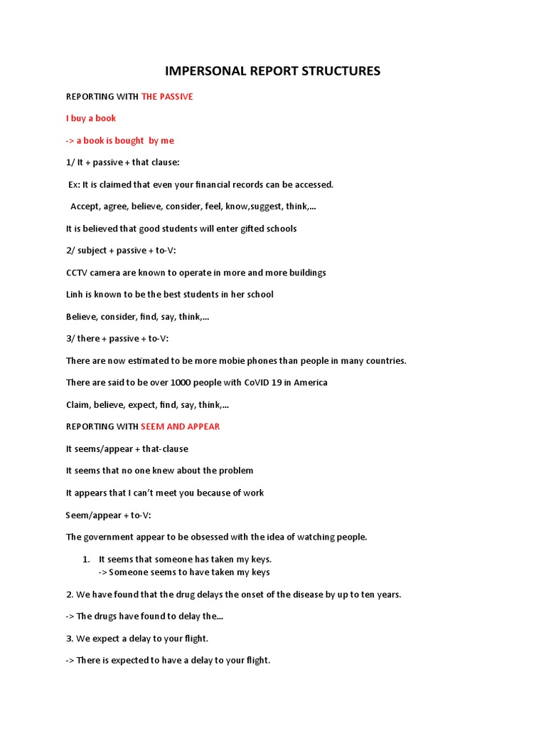 Impersonal Report Structures: The Passive Ibuyabook - A Book Is Bought by Me | PDF