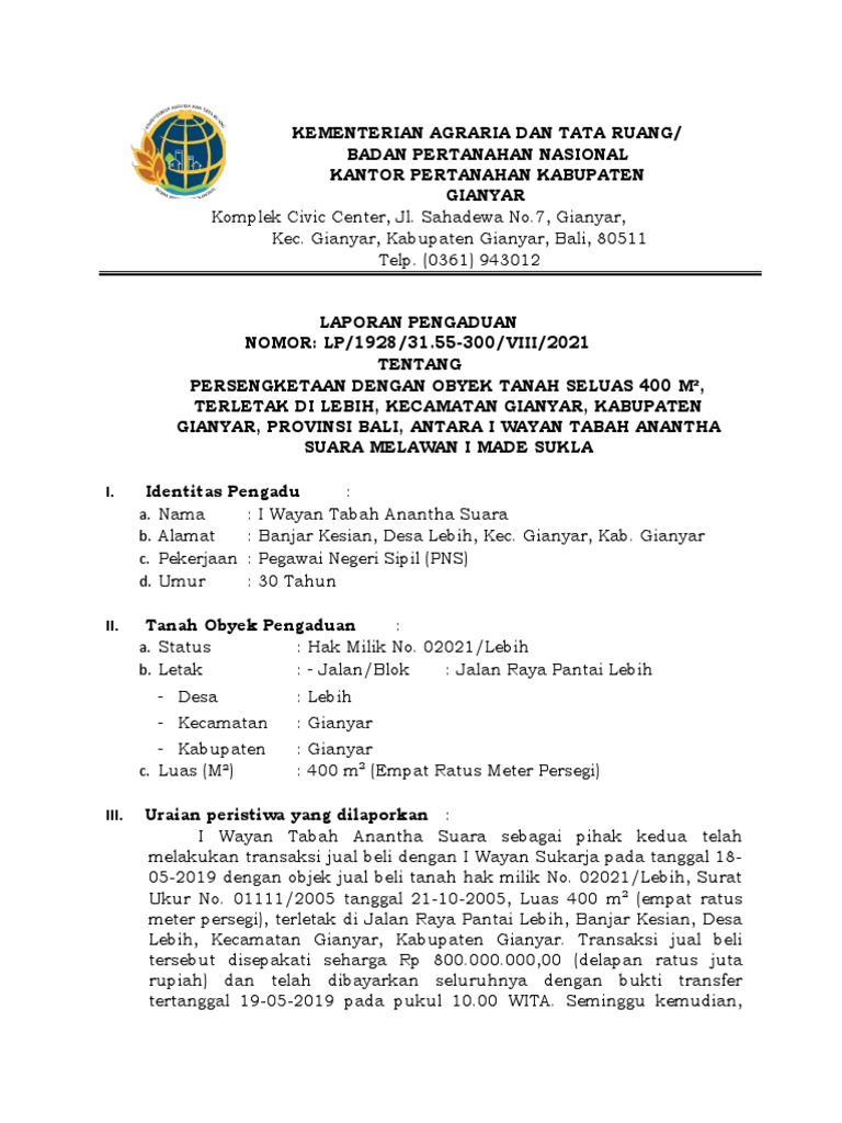 Contoh Surat Pengaduan BPN | PDF