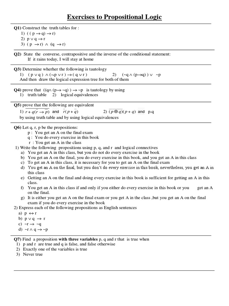 Exercises To Propositional Logic | PDF | Teaching Mathematics | Boolean Algebra