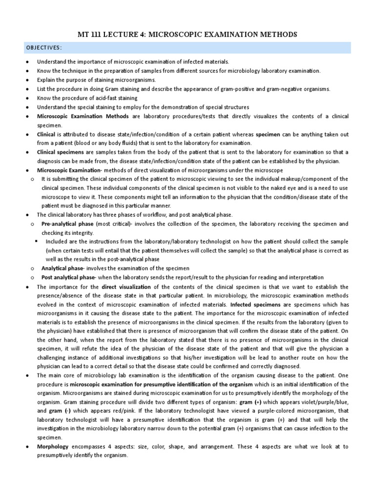 Microscopic Examination Methods | PDF | Gram Positive Bacteria | Staining