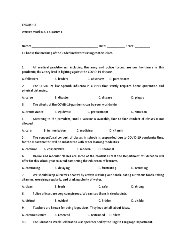 ENGLISH 8 q1 Test 7 | PDF
