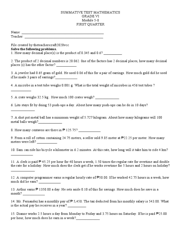 Grade VI Mathematics Summative Test | PDF | Overtime | Economies
