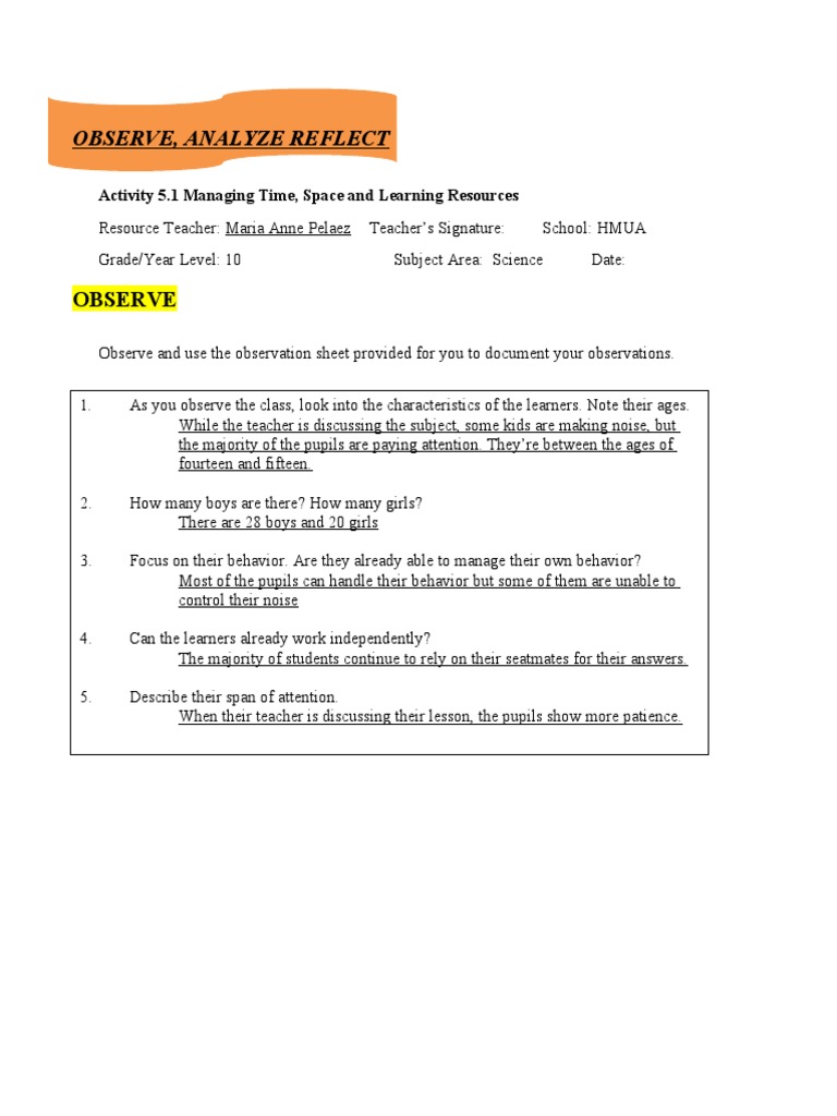 Observe, Analyze Reflect | PDF | Teachers | Learning