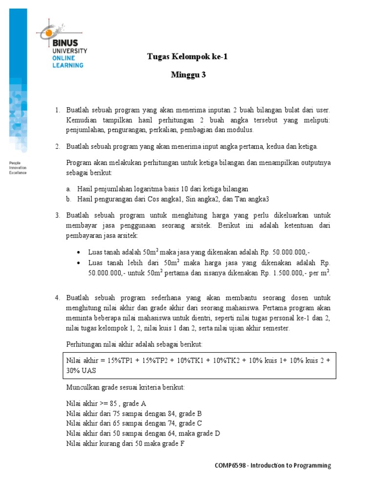 Tugas Kelompok Ke-1 Minggu 3: COMP6598 - Introduction To Programming | PDF