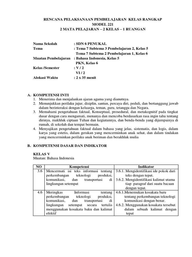 RPP Kelas Rangkap SD: Bahasa dan PPKn | PDF | Sains & Matematika
