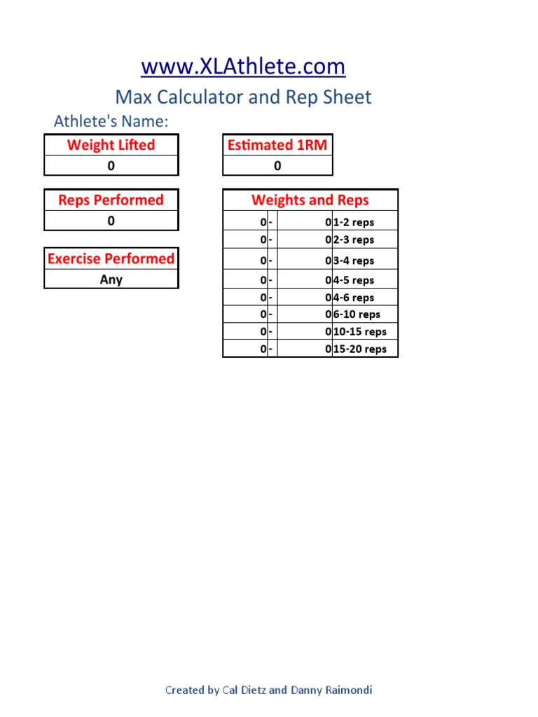 Max Calculator and Rep Sheet: Athlete's Name | Download Free PDF ...