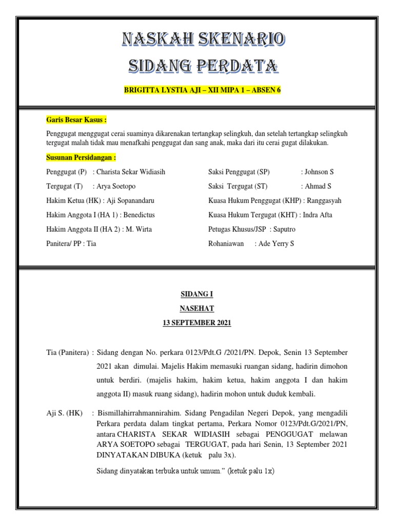 Naskah Skenario Sidang Perdata - BRIGITTA LYSTIA AJI XII MIPA 1 | PDF