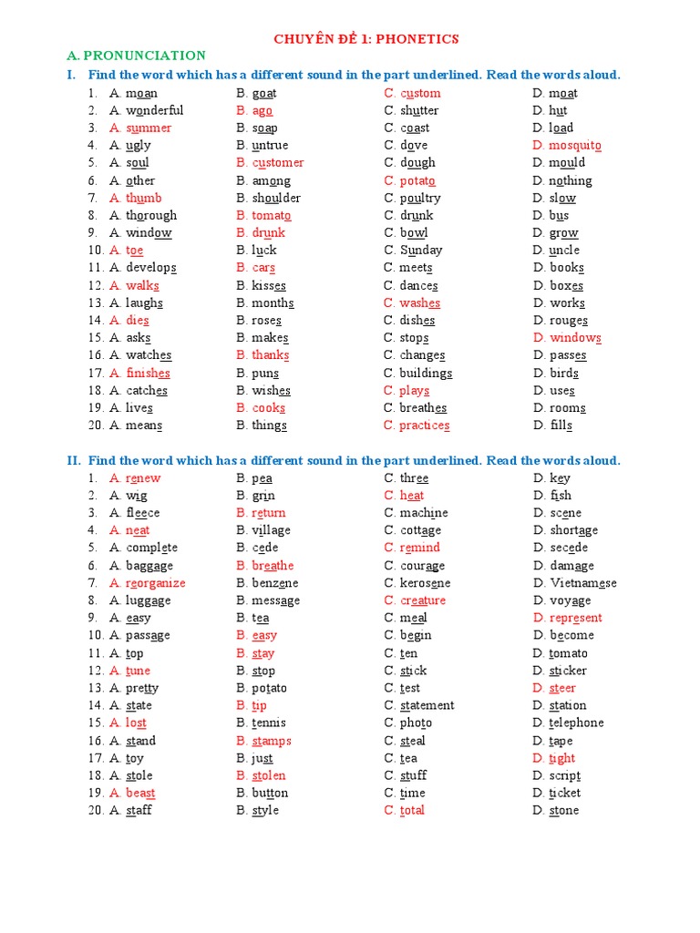 E6 CHUYÊN ĐỀ 1-PHONETICS (PRONUNCIATION) | PDF | Food And Drink
