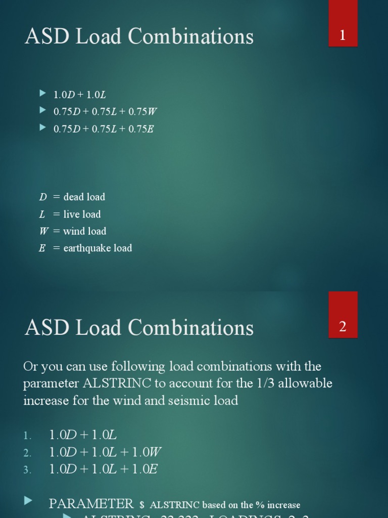 ASD Load Combinations: 1.0D + 1.0L 0.75D + 0.75L + 0.75W 0.75D + 0.75L ...