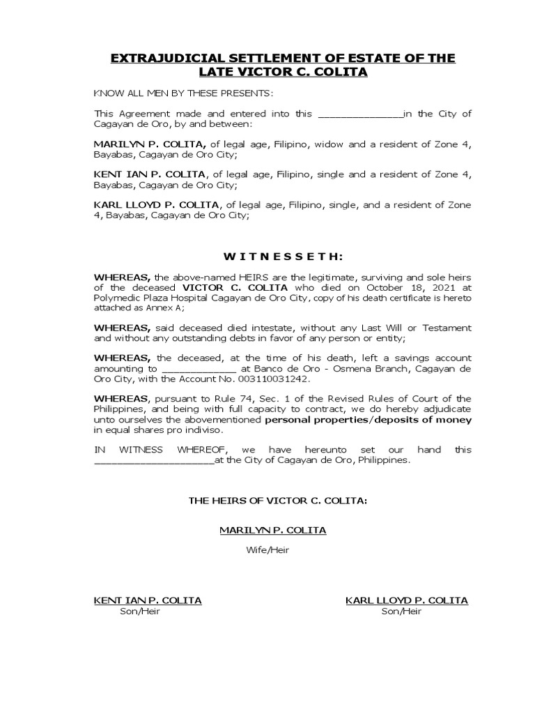 Extrajudicial Settlement of Estate of The Late Victor C. Colita | PDF ...