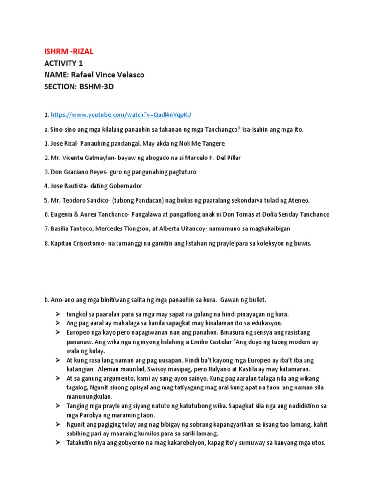 ISHRM Activity 1&2 Rizal | PDF