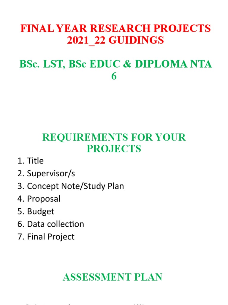 Final Year Research Projects 2021 - 22 GUIDINGS: Bsc. LST, BSC Educ ...