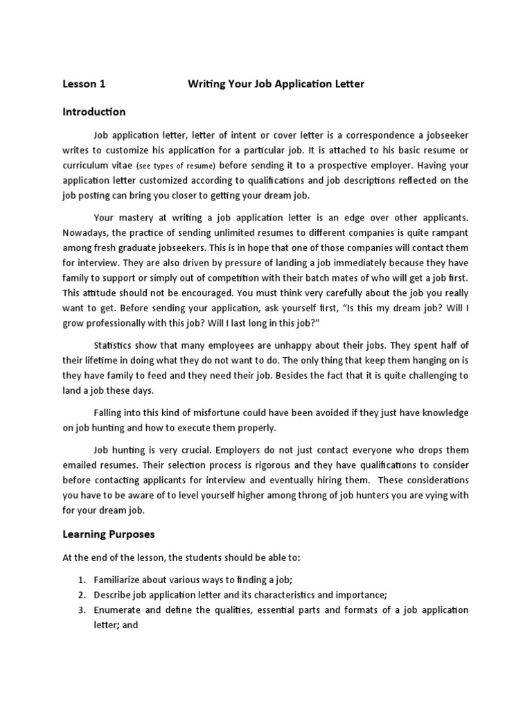 Lesson 1 Writing Your Job Application Letter: (See Types of Resume ...