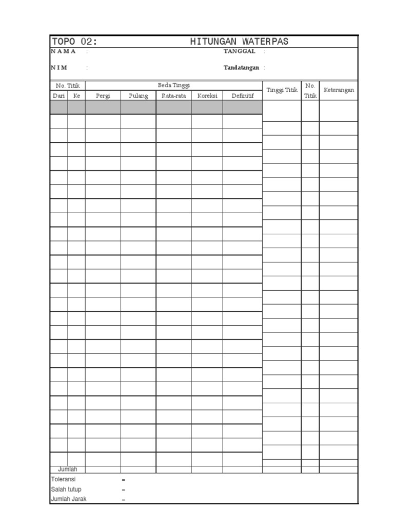 2 D Formulir Hitungan Waterpas Teknik Geodesi 2021 | PDF