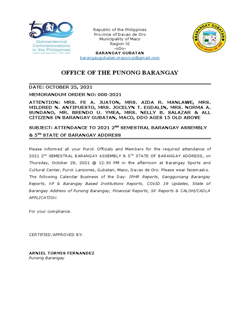Memorandum Order 8 Memorandum Orders 2nd Semestral Barangay Assembly | PDF