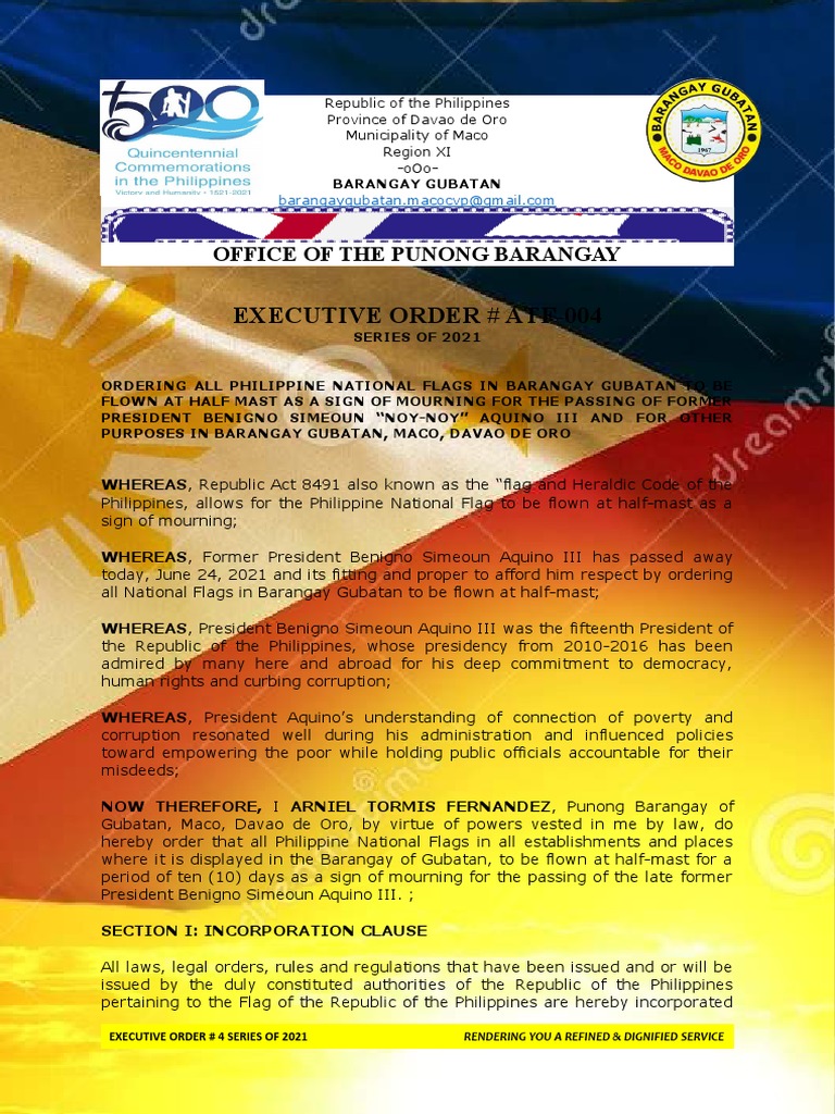 Barangay Gubatan flags at half-mast for Aquino | PDF | Public Law ...