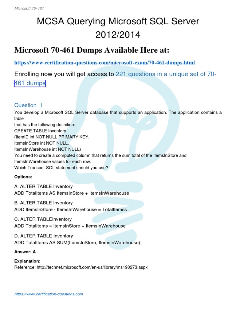 MCSA Querying Microsoft SQL Server 2012/2014: Microsoft 70-461 Dumps Available Here at | PDF ...