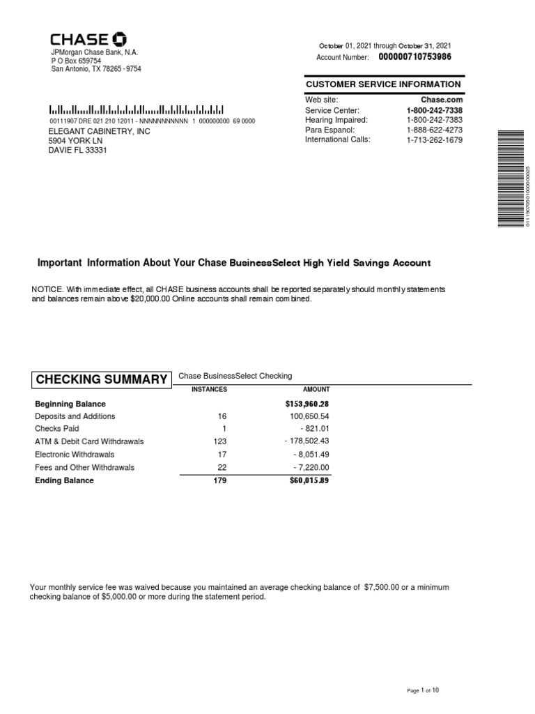 Checking Summary: Important Information About Your Chase | PDF | Fee ...
