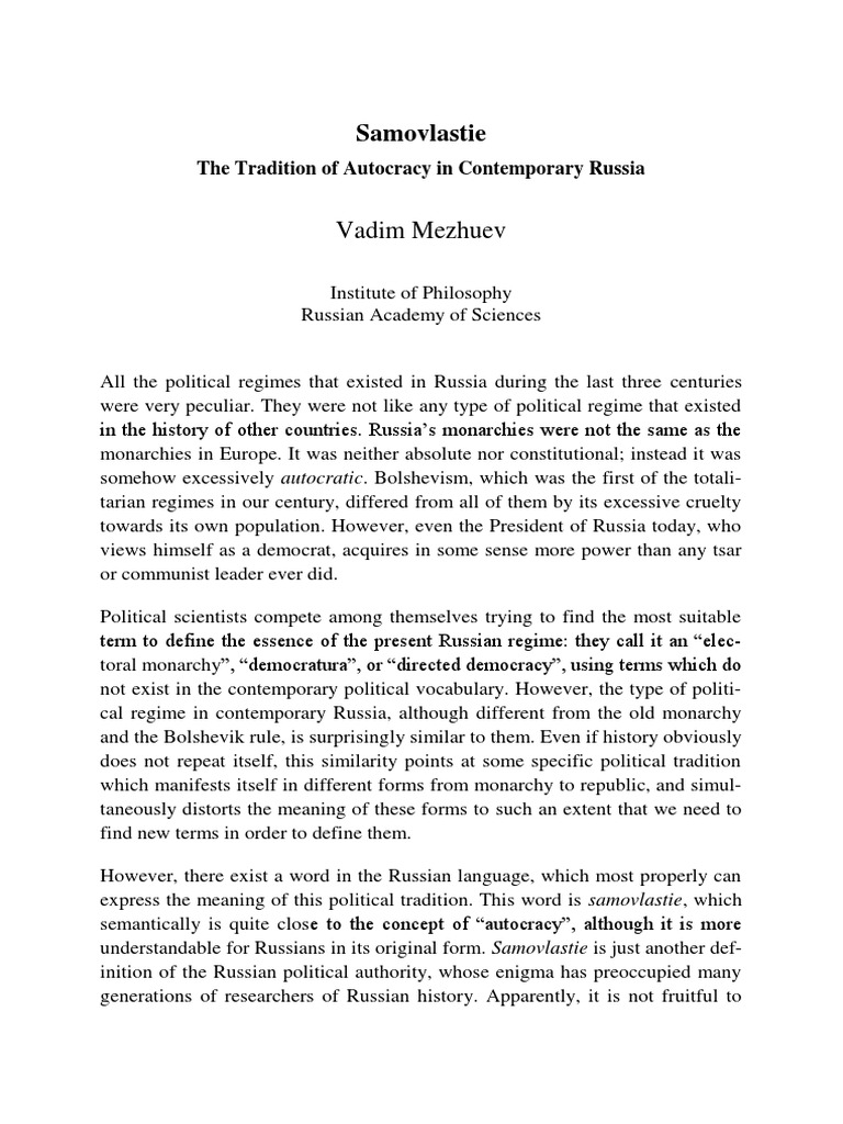 Samovlastie: Autocracy in Modern Russia | PDF | Liberalism | Conservatism