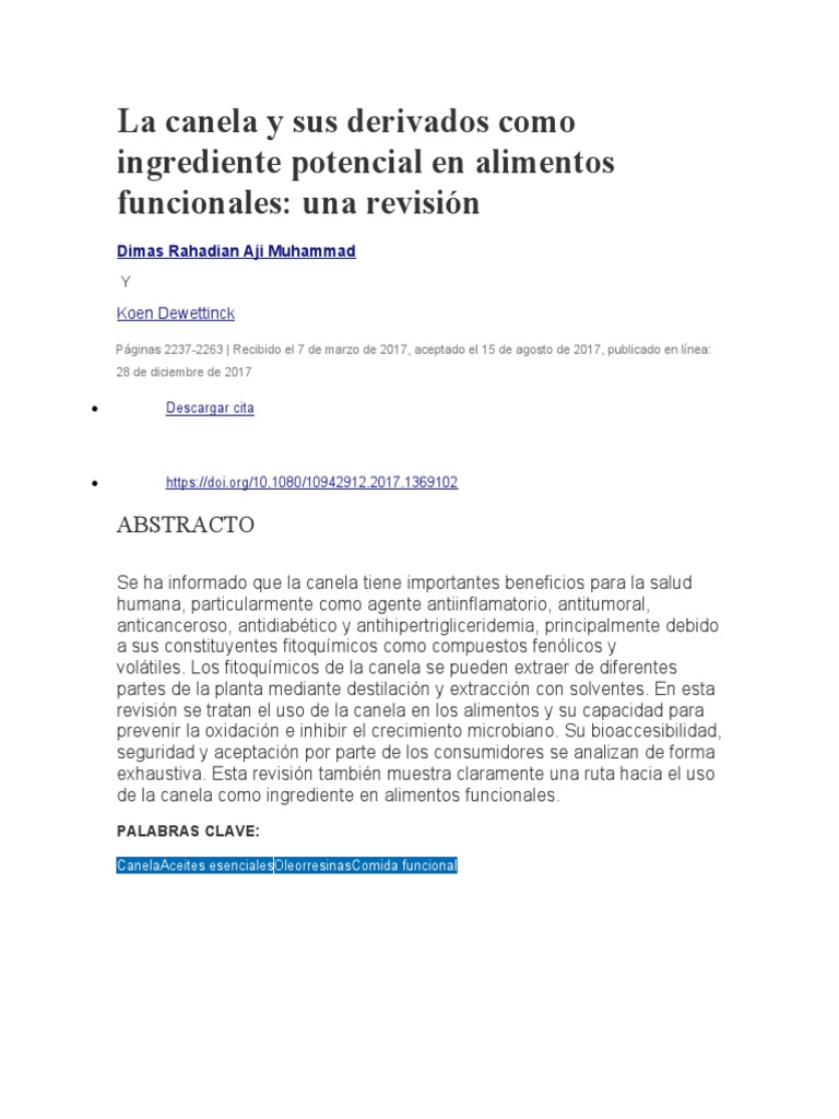 (VERSION ESPAÑOL) La Canela y Sus Derivados Como Ingrediente Potencial en Alimentos Funcionales ...