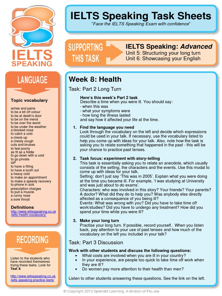 IELTS Speaking Task Sheets: Week 8: Health | PDF | Clinical Medicine