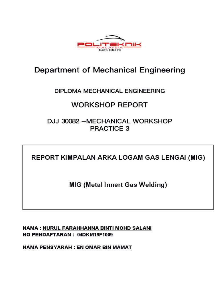 Department of Mechanical Engineering: Workshop Report | PDF