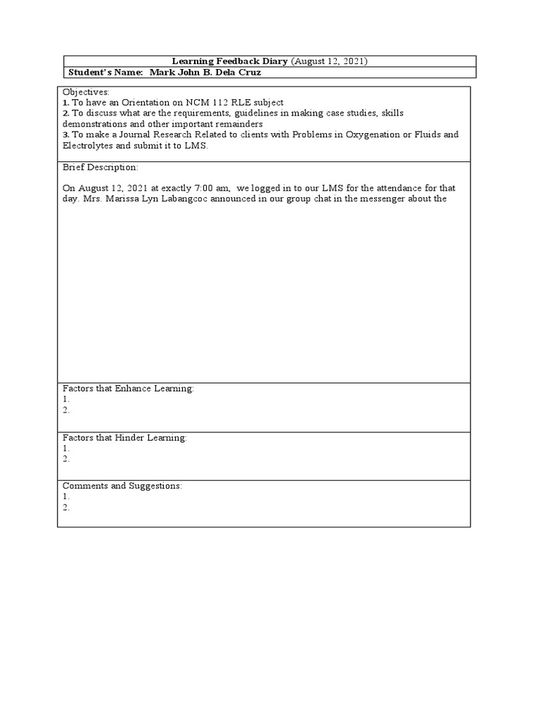 Learning Feedback Diary Template For Group 2 Ms. Anne Botor | PDF ...