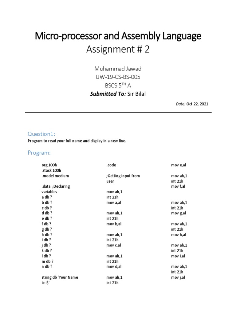 Micro-Processor and Assembly Language Assignment # 2: Muhammad Jawad UW-19-CS-BS-005 Bscs 5 A ...