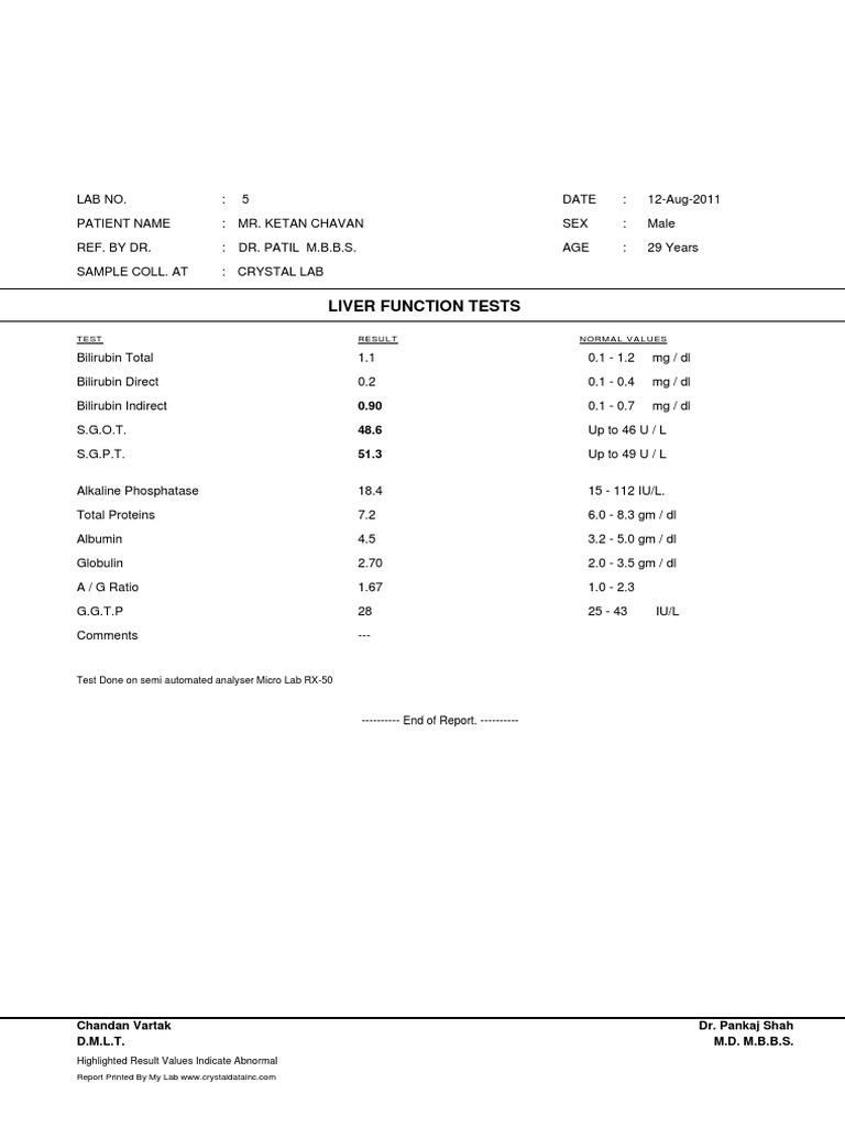 Liver Function Tests: Normal Values Result Test | PDF | Exocrine System ...