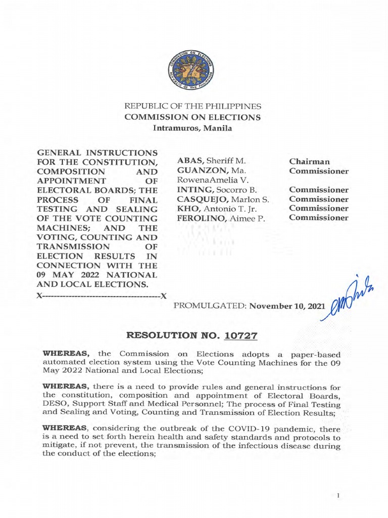 Comelec Resolution No. 10727 | PDF
