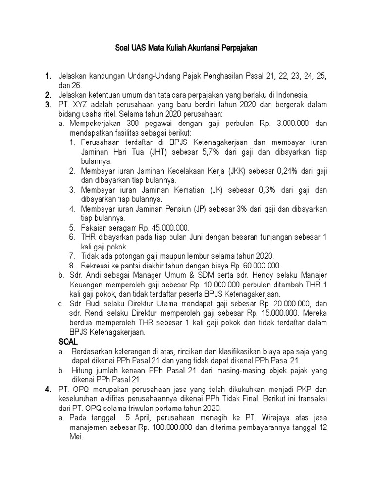 Soal UAS Mata Kuliah Akuntansi Perpajakan | PDF