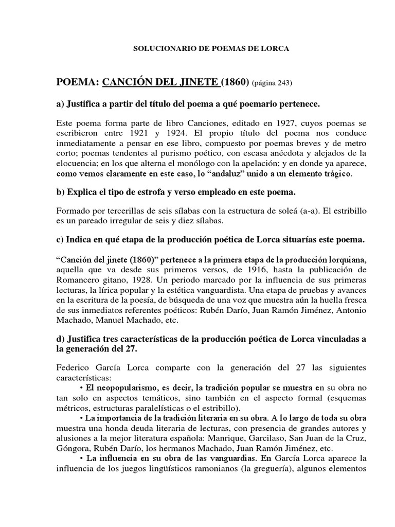Poemas de Lorca (Solucionario) 1 | PDF | Federico García Lorca | Poesía