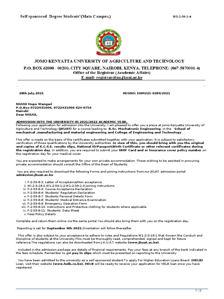 JKUAT Admission Letter Tue-Sep-2021 | PDF | University | Educational ...