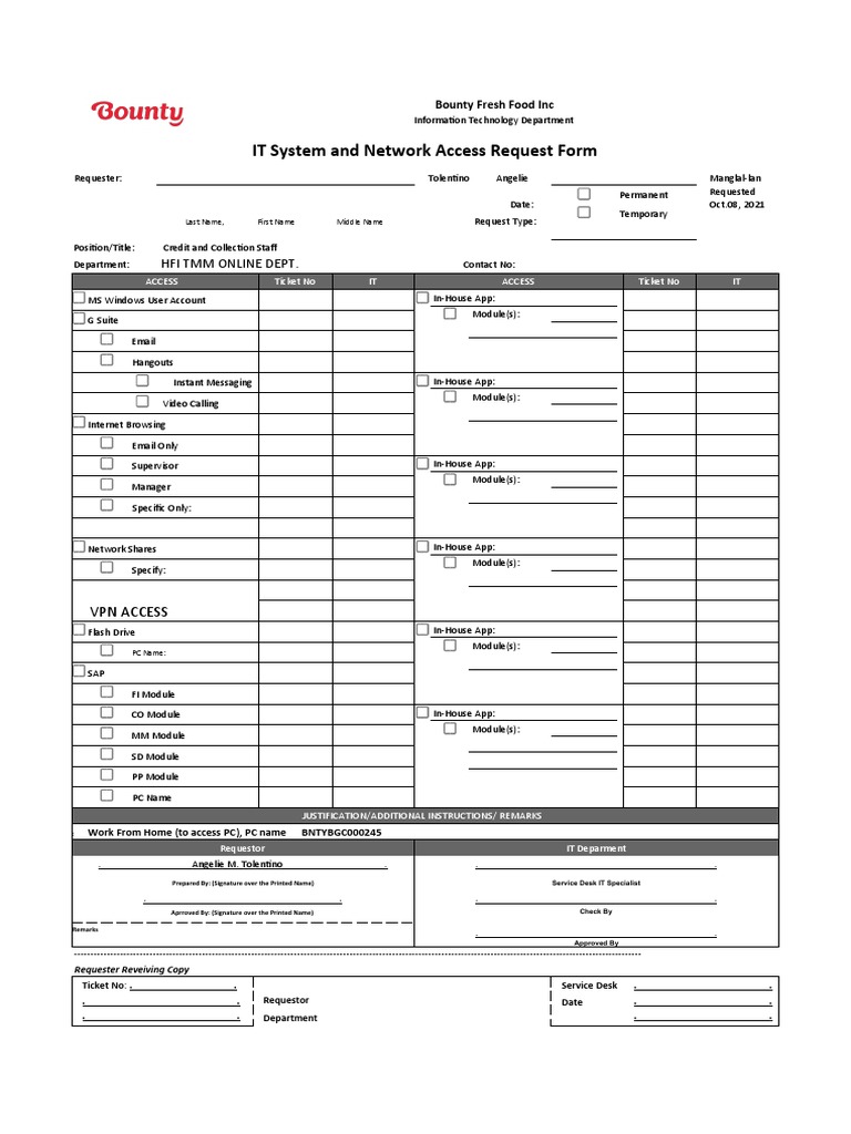 IT System and Network Access Request Form: Hfi TMM Online Dept | PDF ...