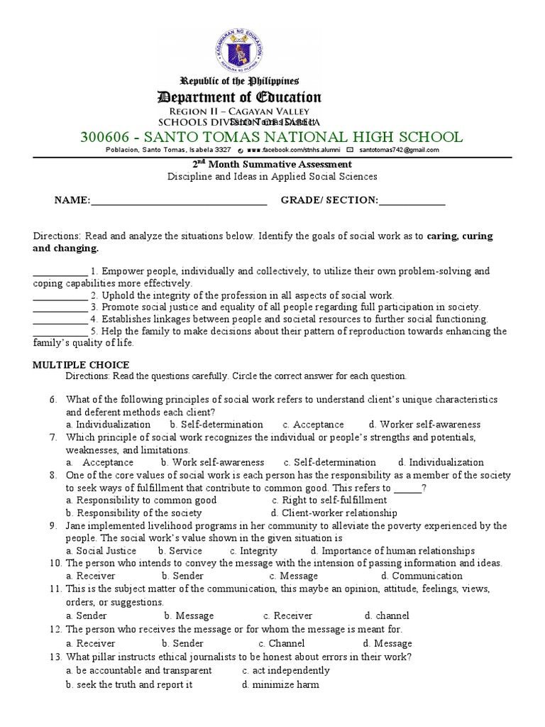 Santo Tomas National High School: 2 Month Summative Assessment | PDF ...