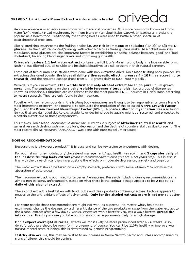 ORIVEDA L+ - Lion's Mane Extract - Information Leaflet | PDF | Dose ...