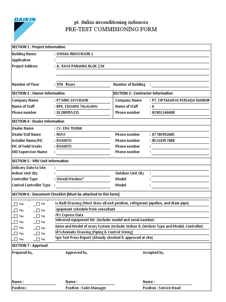 Daikin Indonesia Pre-Test Form | PDF | Retail | Hotel