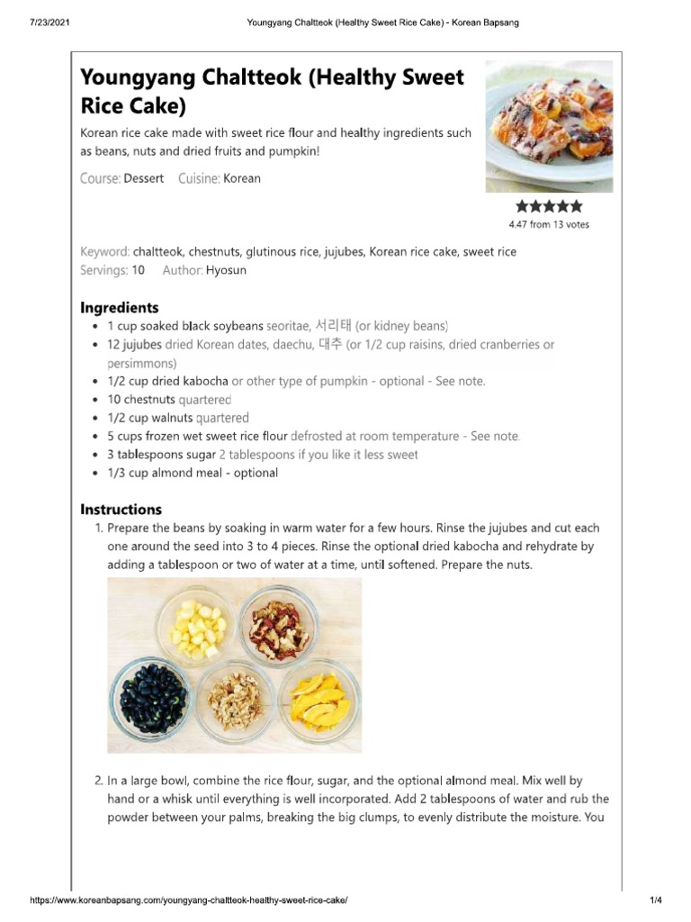 Youngyang Chaltteok (Healthy Sweet Rice Cake) | PDF