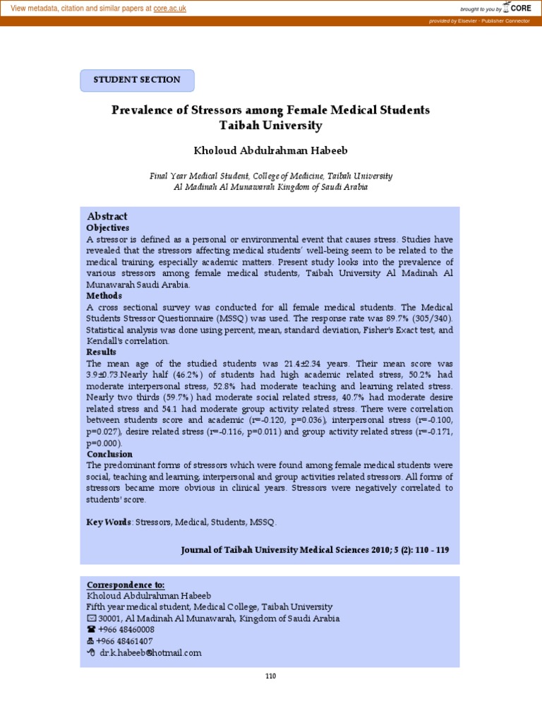 Prevalence of Stressors Among Female Medical Students Taibah University | PDF | Stress (Biology ...