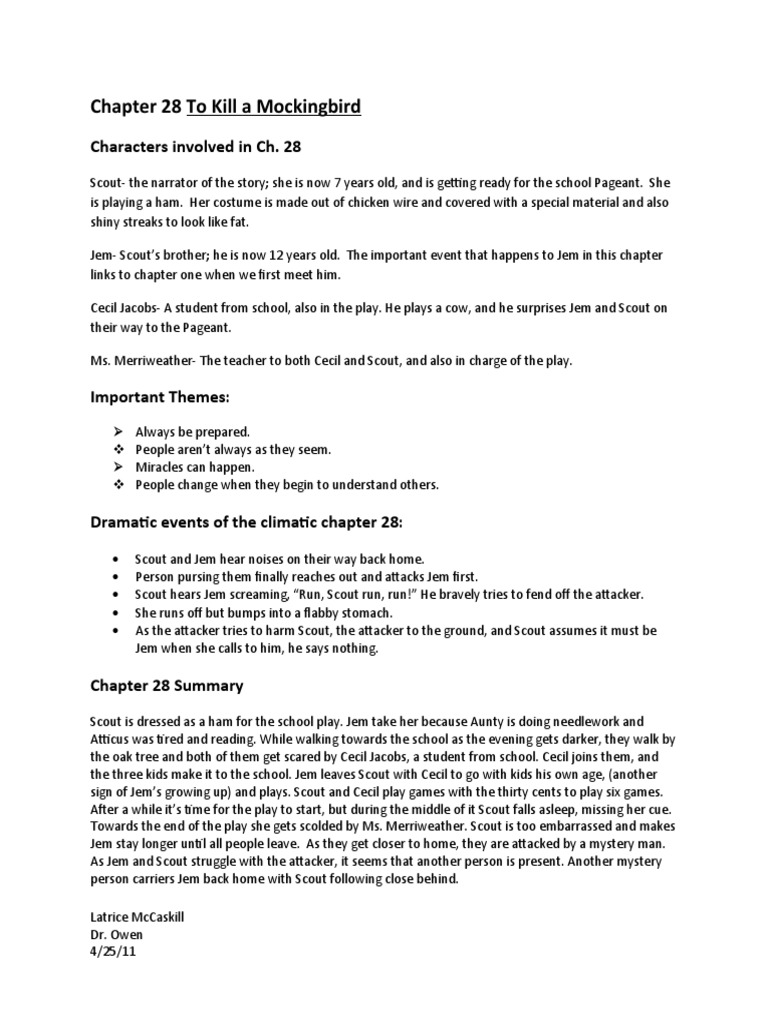 Chapter 28 To Kill A Mockingbird: Characters Involved in Ch. 28 | PDF ...