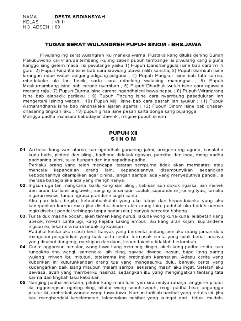 Piwulang Serat Wulangreh Pupuh Sinom | PDF