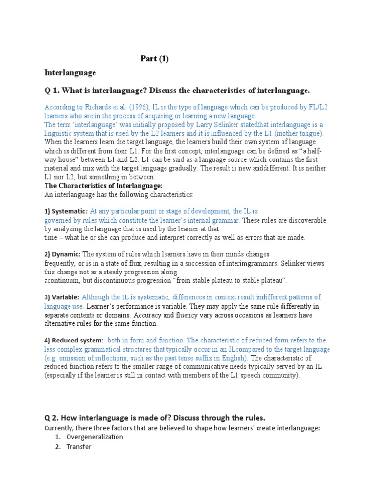 Interlanguage Q 1. What Is Interlanguage? Discuss The Characteristics ...