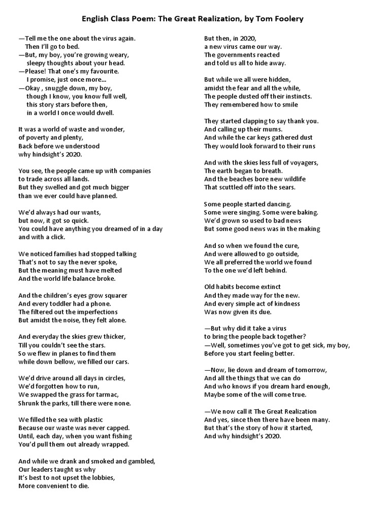 English Class Poem: The Great Realization, by Tom Foolery | PDF