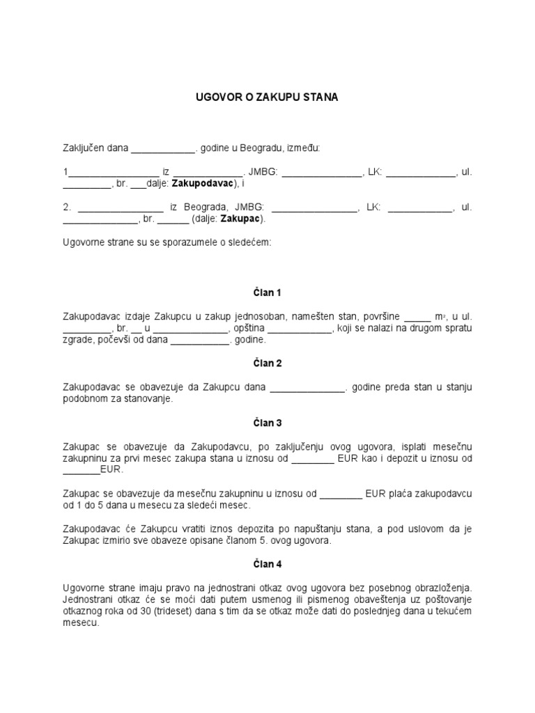 Ugovor o Zakupu Stana-blanko