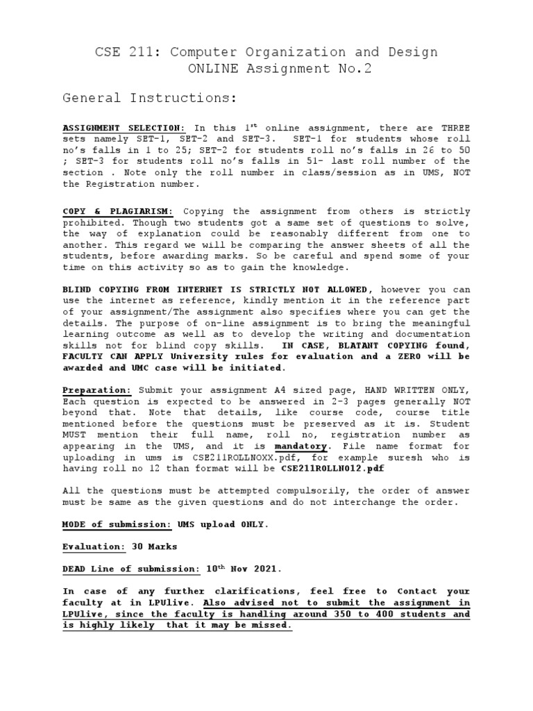 CSE 211: Computer Organization and Design ONLINE Assignment No.2 ...