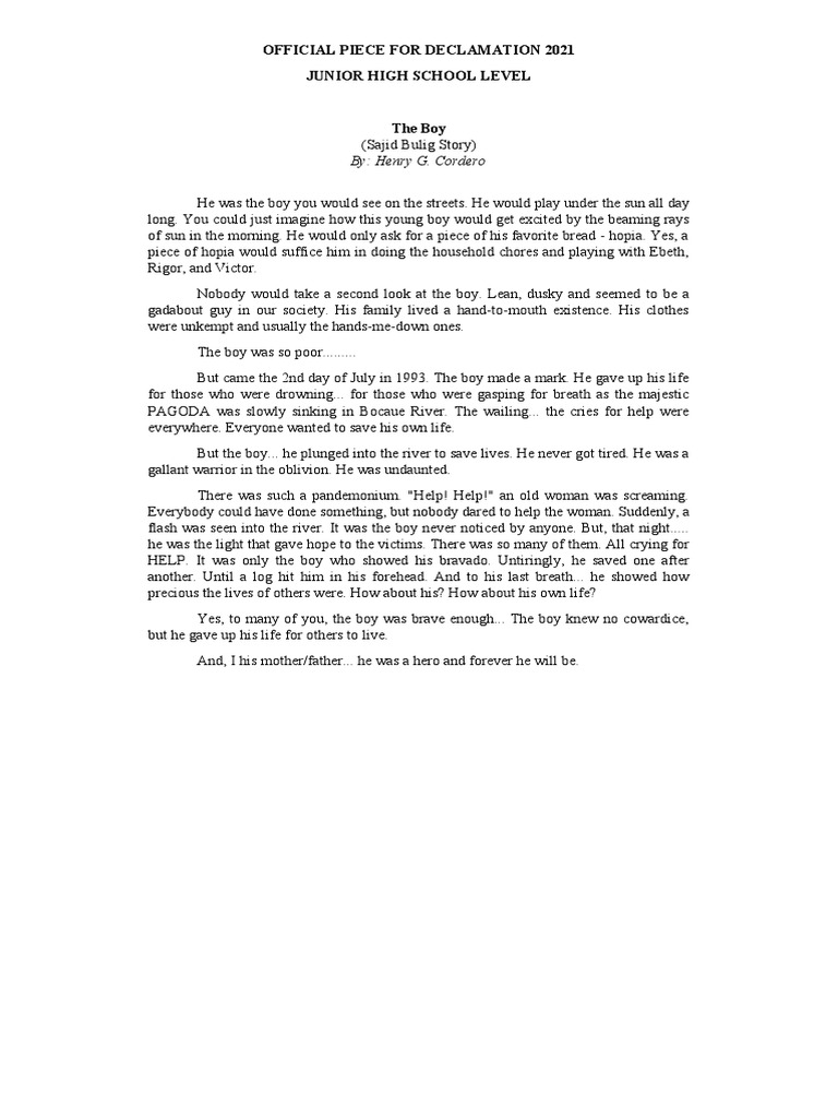 Official Piece For Declamation 2021 Junior High School Level | PDF