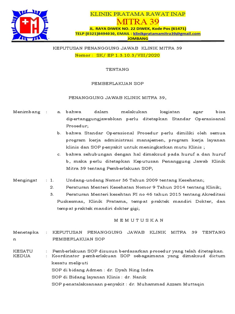 Pemberlakuan SOP Klinik Mitra 39 | PDF