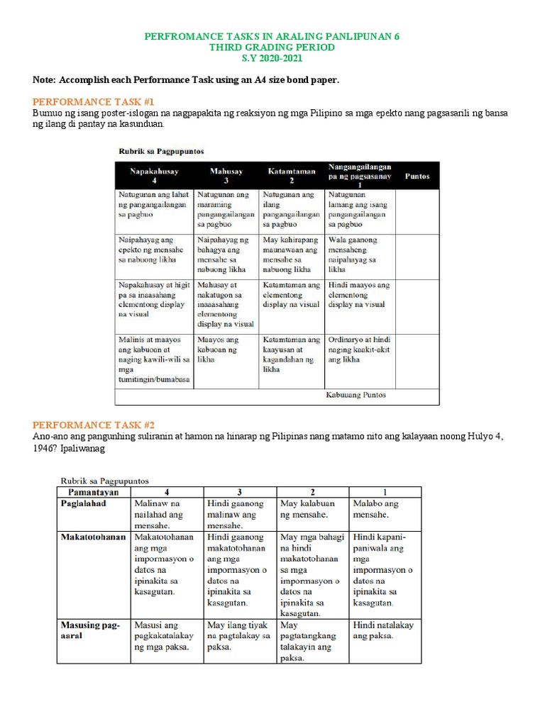 3rd Q PERFROMANCE TASKS IN ARALING PANLIPUNAN 6 | PDF